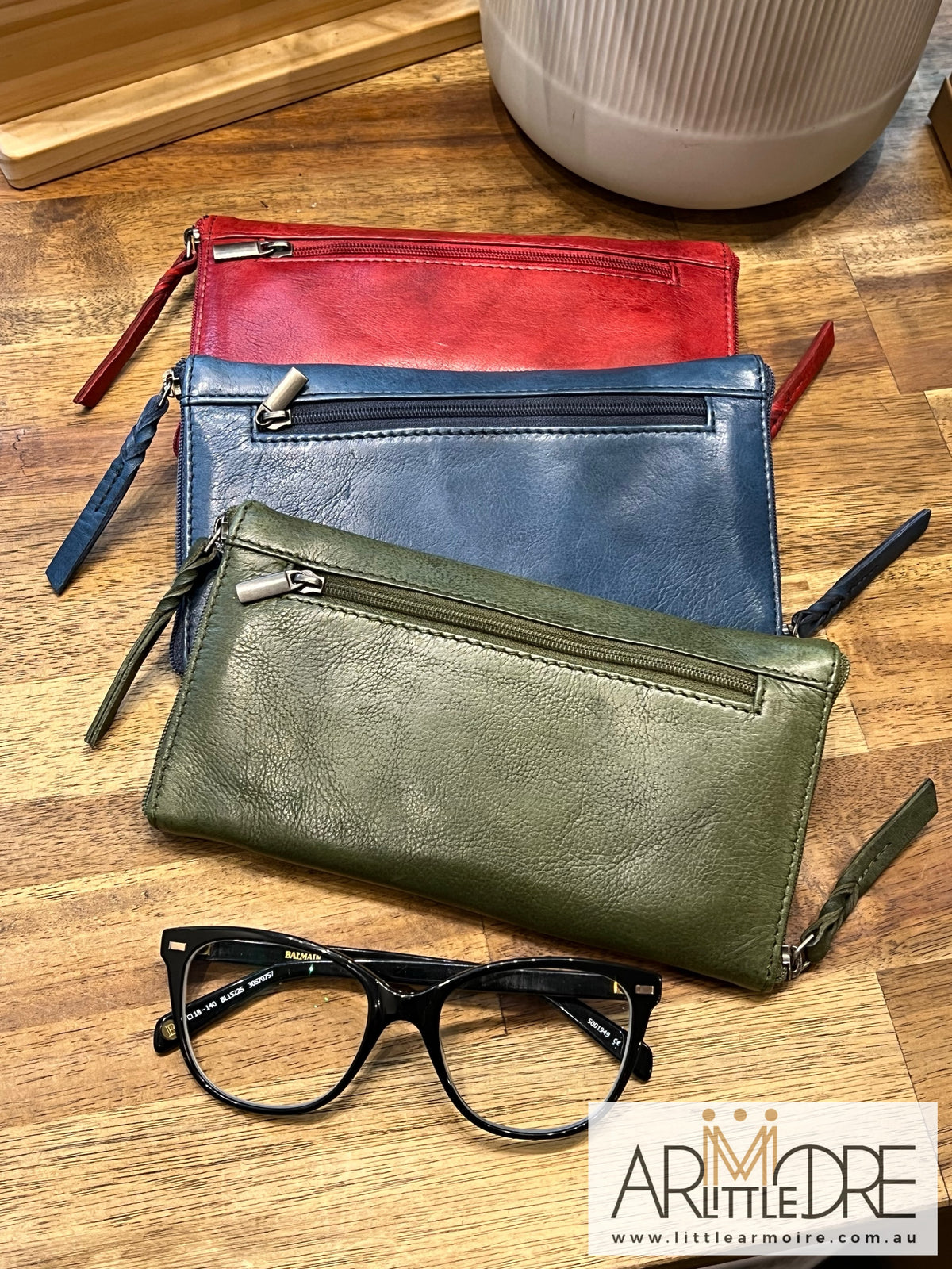 Washed Leather Double Sided Glasses Case With Extra Rear Zipped Pocket